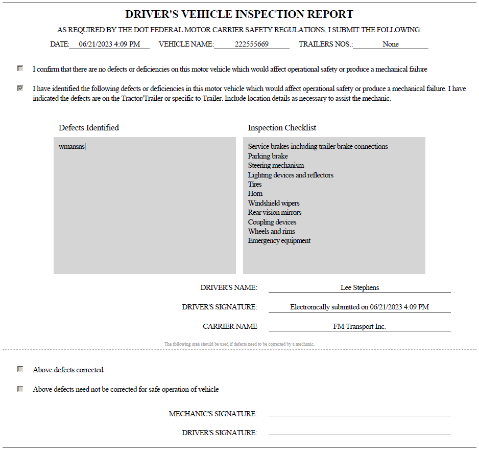 Vehicle inspections report – Reveal Help