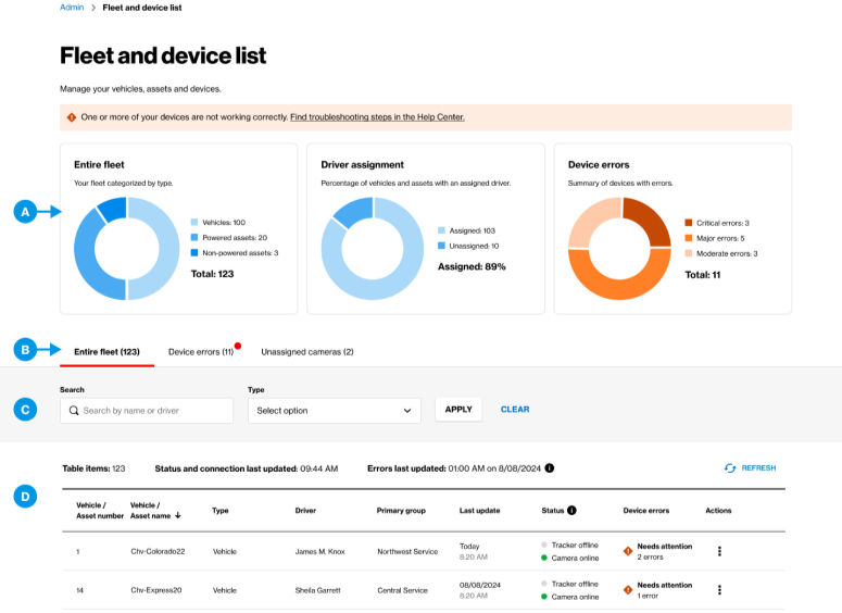 View the "Fleet and device list" – Reveal Help
